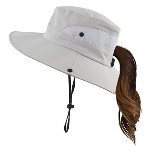 Mukeyo Womens Summer Sun Hat Wide Brim Outdoor UV Protection Hat Foldable Ponytail Bucket Cap for Beach Fishing Hiking Pure Beige