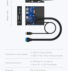 GRAUGEAR 3.5 Inch Front Panel USB C Hub, SD/microSD Internal Card Reader, 20Gbps USB 3.2 Gen 2x2, 20-pin Type-E Key-A Header & USB3.0 Header & 15-Pin SATA Power Connector Required [G-MP01CR]