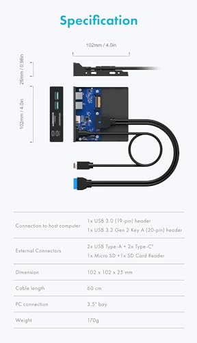 GRAUGEAR 3.5 Inch Front Panel USB C Hub, SD/microSD Internal Card Reader, 20Gbps USB 3.2 Gen 2x2, 20-pin Type-E Key-A Header & USB3.0 Header & 15-Pin SATA Power Connector Required [G-MP01CR]