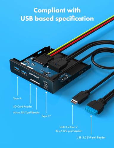 GRAUGEAR 3.5 Inch Front Panel USB C Hub, SD/microSD Internal Card Reader, 20Gbps USB 3.2 Gen 2x2, 20-pin Type-E Key-A Header & USB3.0 Header & 15-Pin SATA Power Connector Required [G-MP01CR]