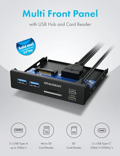 GRAUGEAR 3.5 Inch Front Panel USB C Hub, SD/microSD Internal Card Reader, 20Gbps USB 3.2 Gen 2x2, 20-pin Type-E Key-A Header & USB3.0 Header & 15-Pin SATA Power Connector Required [G-MP01CR]