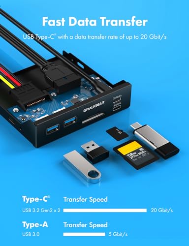 GRAUGEAR 3.5 Inch Front Panel USB C Hub, SD/microSD Internal Card Reader, 20Gbps USB 3.2 Gen 2x2, 20-pin Type-E Key-A Header & USB3.0 Header & 15-Pin SATA Power Connector Required [G-MP01CR]