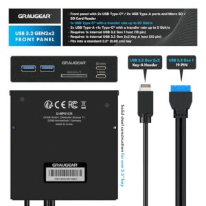 GRAUGEAR 3.5 Inch Front Panel USB C Hub, SD/microSD Internal Card Reader, 20Gbps USB 3.2 Gen 2x2, 20-pin Type-E Key-A Header & USB3.0 Header & 15-Pin SATA Power Connector Required [G-MP01CR]