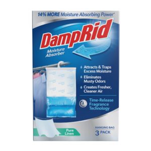 damprid pure linen hanging moisture absorber, 16 oz., 3 count (pack of 1) - eliminates musty odors for fresher, cleaner air, ideal for closet, 14% more moisture absorbing power*