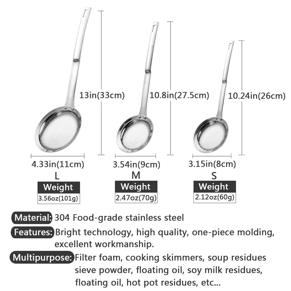 Hvanam Sieve Fine Mesh Strainer Set Stainless Steel Metal Flat Cooking Skimmer Ladle Colander With Handle Food Strainer Kitchen Tools For Kitchen Baking Oil Filter Flour Sifter Foam,L M Small 3Pack