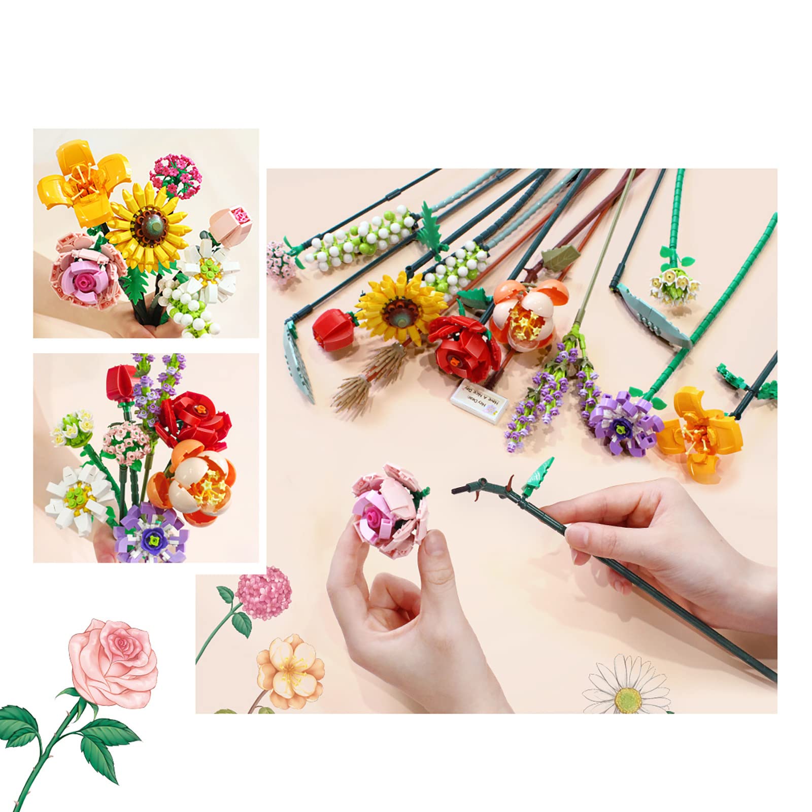 QLT Mini Bricks Flower Bouquet Building Sets, Artificial Flowers, DIY Unique Decoration Home, 547 Pieces Botanical Collection for Ages 8-12 yrs Old Girl for Gift（Not Compatible with Lego Set ）