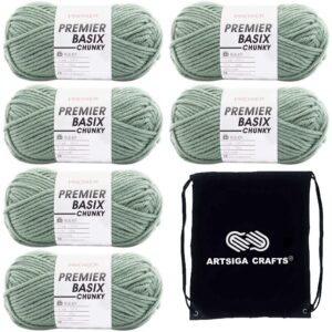 premier yarns basix chunky sage 1145-31 (6-skeins - same dye lot) chunky bulky #5 acrylic yarn for crocheting and knitting - bundle with 1 artsiga crafts project bag