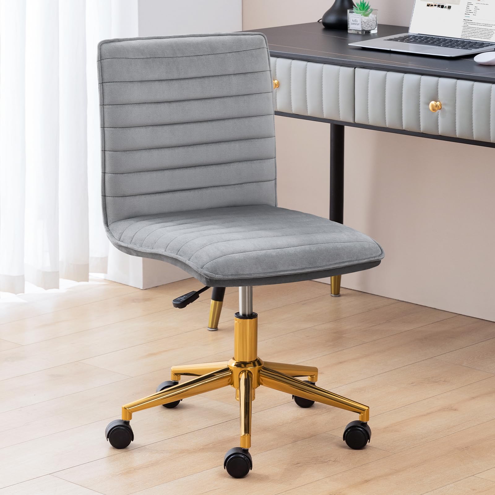 Furniliving Home Office Chair, Armless Vanity Chair with Wheels Swivel Velvet Computer Rolling Desk Chair with Back, Adjustable Accent Chair with Gold Metal Base Stool Chair,Gray