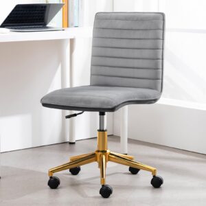 Furniliving Home Office Chair, Armless Vanity Chair with Wheels Swivel Velvet Computer Rolling Desk Chair with Back, Adjustable Accent Chair with Gold Metal Base Stool Chair,Gray