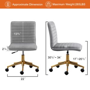 Furniliving Home Office Chair, Armless Vanity Chair with Wheels Swivel Velvet Computer Rolling Desk Chair with Back, Adjustable Accent Chair with Gold Metal Base Stool Chair,Gray