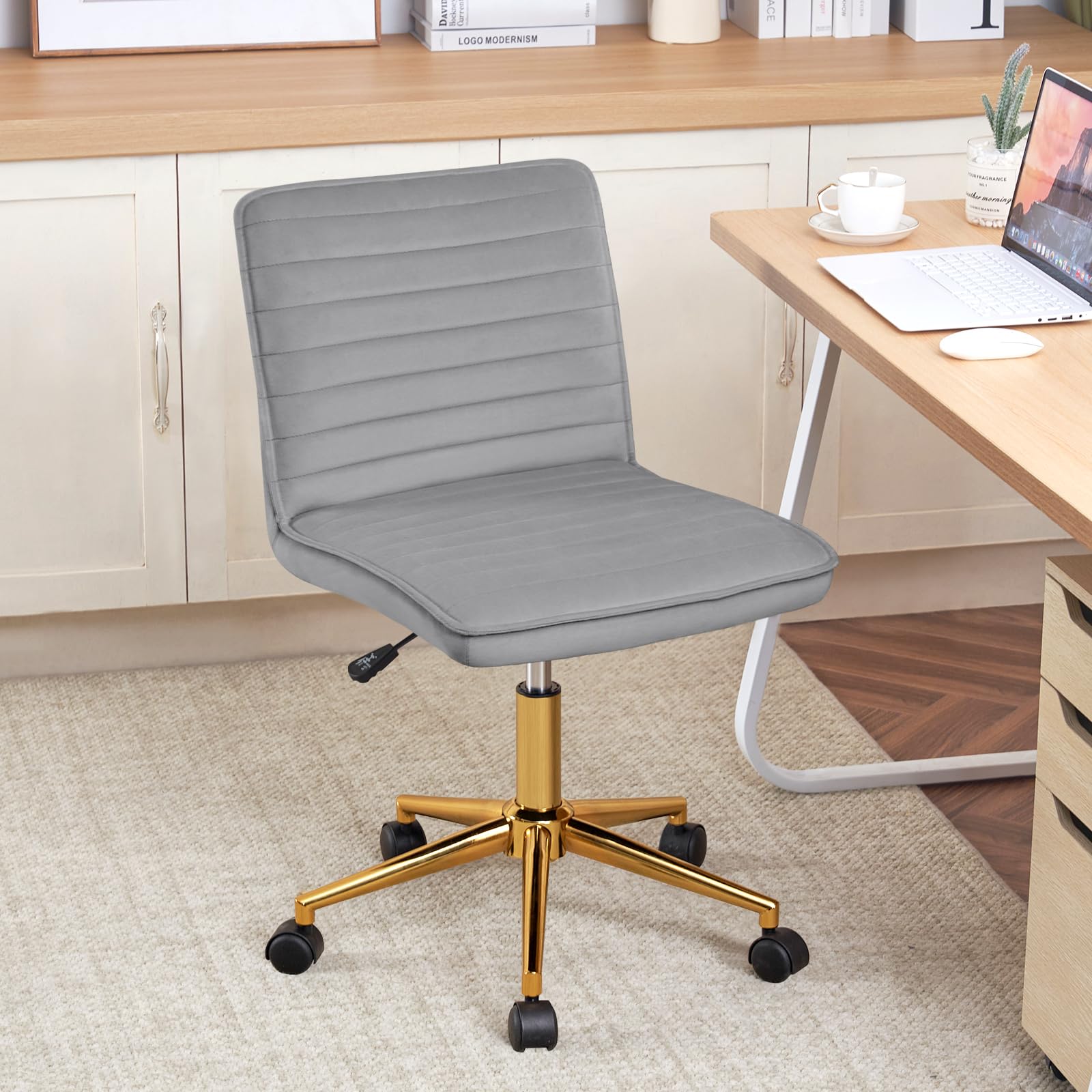 Furniliving Home Office Chair, Armless Vanity Chair with Wheels Swivel Velvet Computer Rolling Desk Chair with Back, Adjustable Accent Chair with Gold Metal Base Stool Chair,Gray