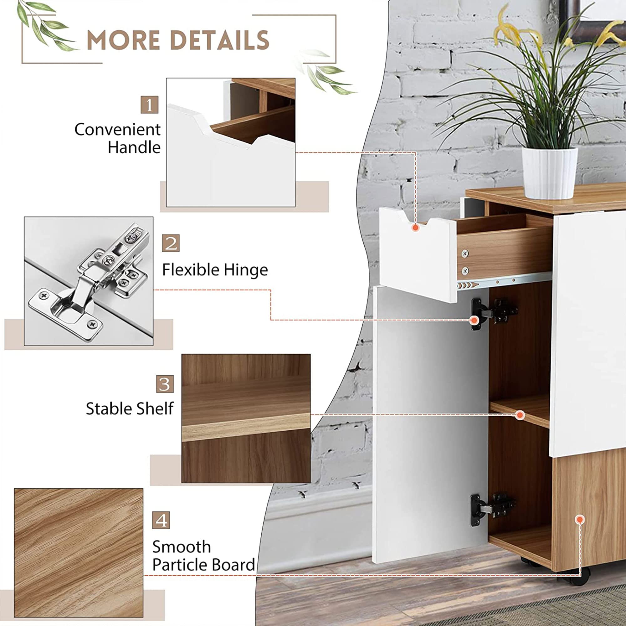 JOMEED Folding Dining Table with 6 Wheels, Drawer and 2-layer Storage Shelf, Drop Leaf Table for Small Space Space Saving Dining Table for Kitchen, Living Room (White and Wood Grain)