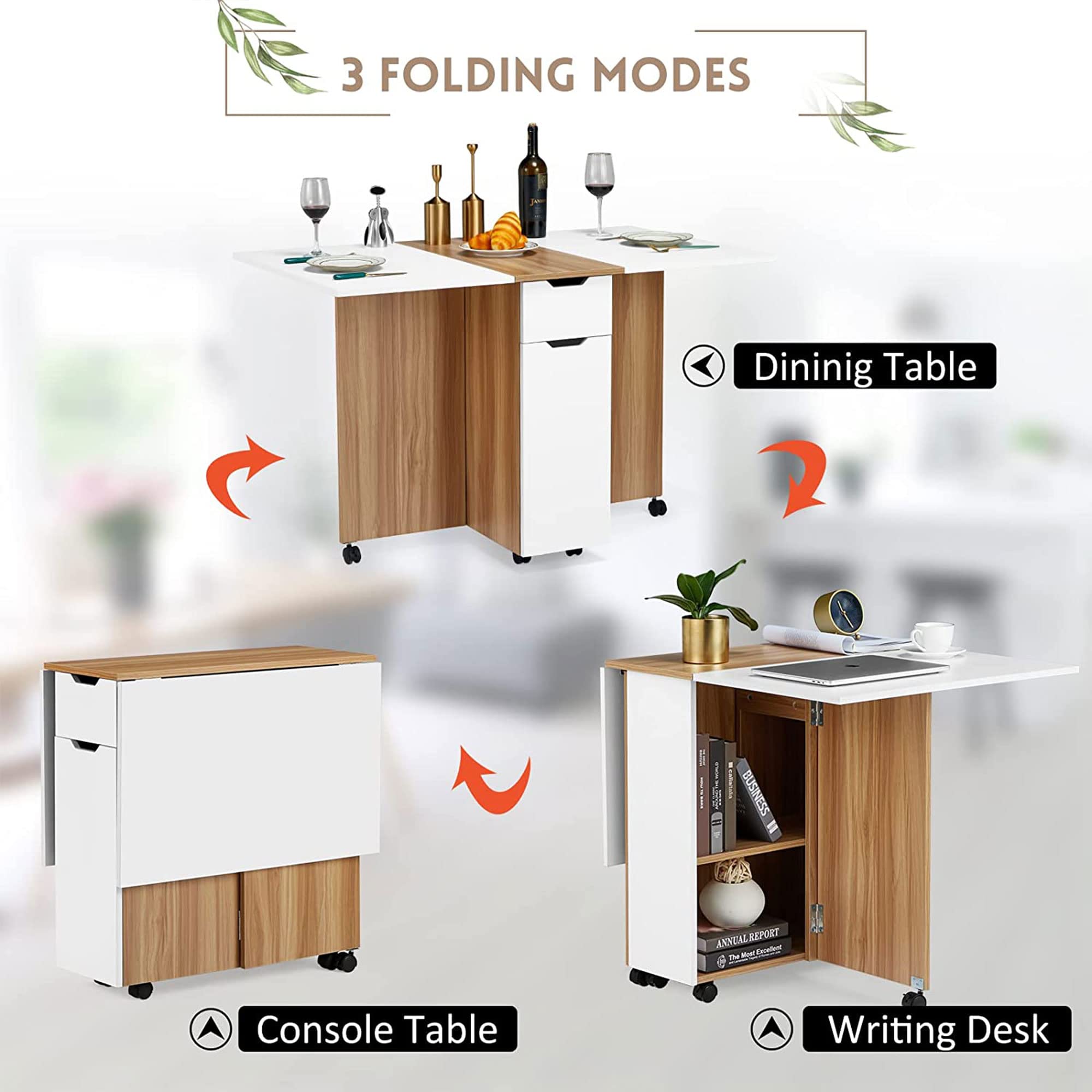 JOMEED Folding Dining Table with 6 Wheels, Drawer and 2-layer Storage Shelf, Drop Leaf Table for Small Space Space Saving Dining Table for Kitchen, Living Room (White and Wood Grain)