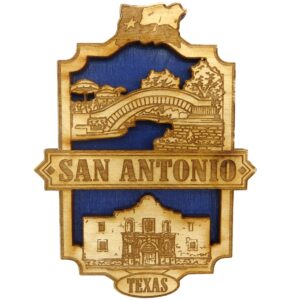 wooden san antonio texas montage laser cut and painted magnet, rustic state souvenir gifts and collectible accessories for refrigerators, lockers, or whiteboards, 3 5/8 inches