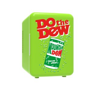 curtis mis151md mountain dew retro, mini portable compact personal fridge cooler, 4 liter capacity chills six 12 oz cans, 100% freon-free & eco friendly, 6, white/green