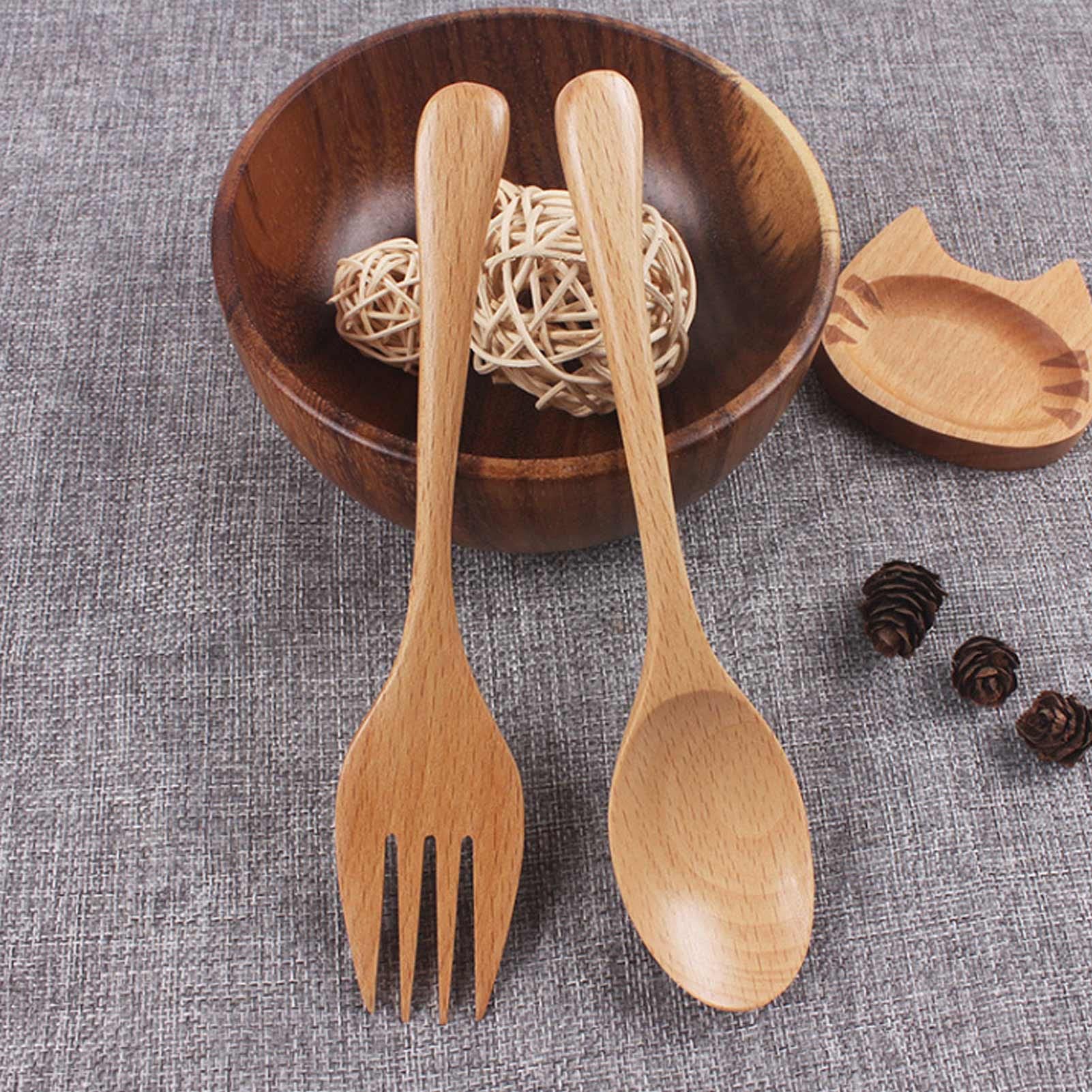 Alvinlite 2Pcs (1 Set) Wood Soup Spoons And Forks Sets, Natural Wood Eating Utensils Wooden Flatware Set, Eco Friendly Wood Cutlery Wooden Dinner Fork And Spoon, 1 Spoons and 1 Forks