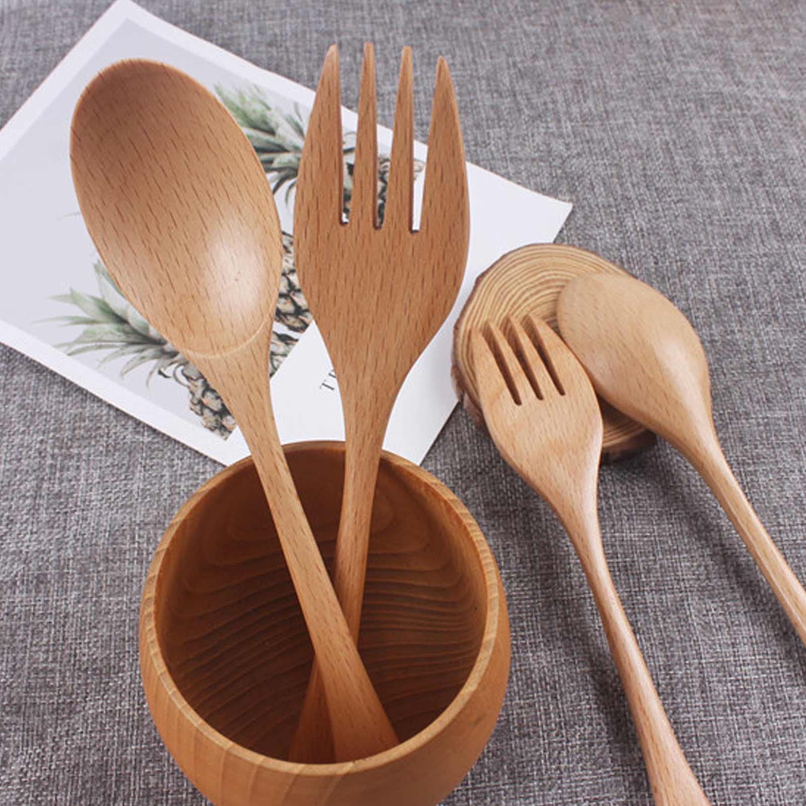 Alvinlite 2Pcs (1 Set) Wood Soup Spoons And Forks Sets, Natural Wood Eating Utensils Wooden Flatware Set, Eco Friendly Wood Cutlery Wooden Dinner Fork And Spoon, 1 Spoons and 1 Forks