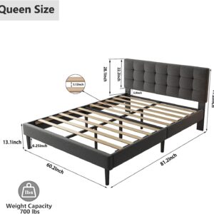 Lijimei Queen Bed Frame with Headboard, Platform Bed with Wood Slats Support and Tufted Stitched Upholstered Headboard, Mattress Foundation, No Box Spring Needed, Easy Assembly, Noise Free, Dark Gray