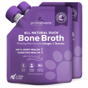 primalvore all-natural duck bone broth for dogs &cats, mobility formula w/collagen peptides supports hip & joints, digestion, skin&coat and hydration, grain free, human grade, made in usa. duck 2 pack