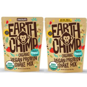 earthchimp organic vegan protein powder bundle, chocolate + vanilla, (each 26 servings, 32 oz) with probiotics, organic fruits & plant based protein powder, dairy free, gluten free