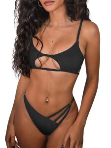 zaful women's sexy cutout bikini thong bikini set tie back two piece swimsuit bathing suit (0-black,m)