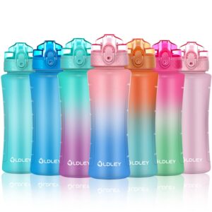 oldley kids water bottle with straw 15 oz bpa-free leak-proof motivational water bottles with time marker for school sports travel gym, easy to use for girls goys, 1 straw lid, candy pink/blueberry