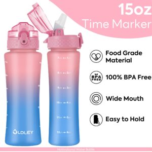 OLDLEY Kids Water Bottle with Straw 15 oz BPA-Free Leak-Proof Motivational Water Bottles with Time Marker for School Sports Travel Gym, Easy to Use for Girls Goys, 1 Straw Lid, Candy Pink/Blueberry