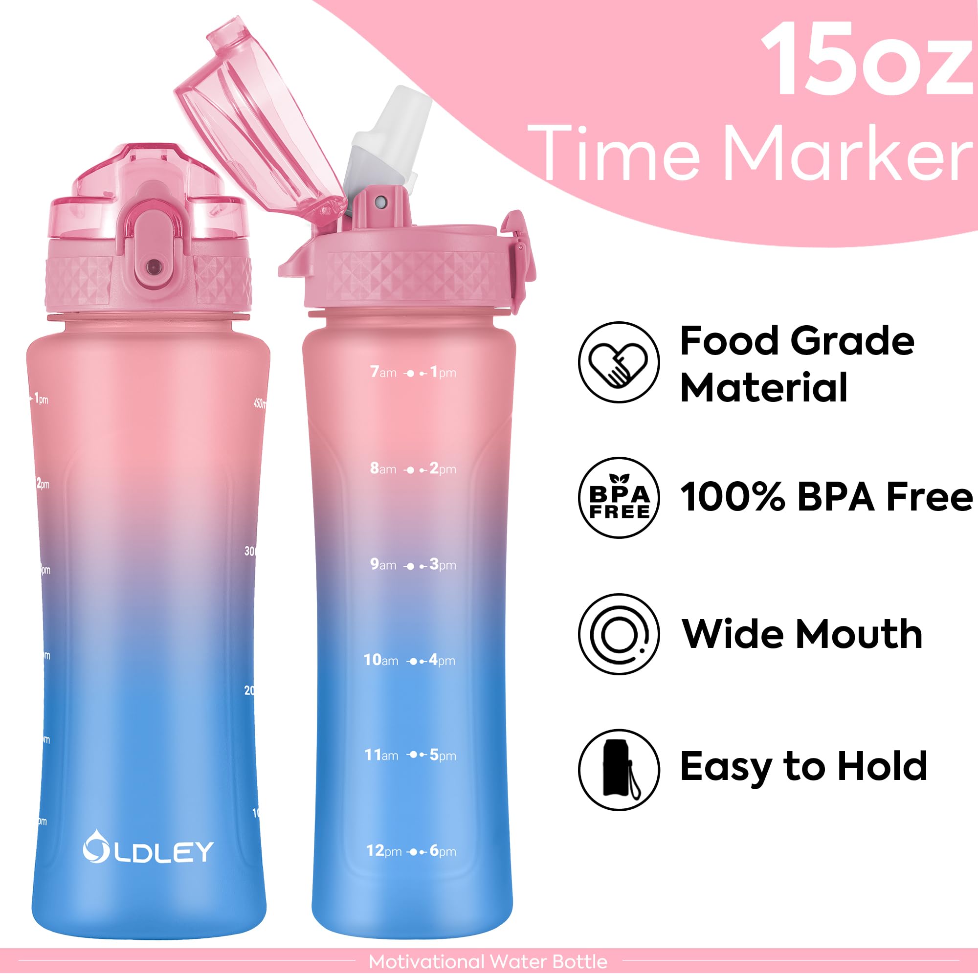 OLDLEY Kids Water Bottle with Straw 15 oz BPA-Free Leak-Proof Motivational Water Bottles with Time Marker for School Sports Travel Gym, Easy to Use for Girls Goys, 1 Straw Lid, Candy Pink/Blueberry