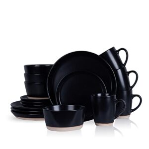 stone lain jules modern stoneware 16-piece round black dinnerware set, plates and bowls sets, dish set for 4, black