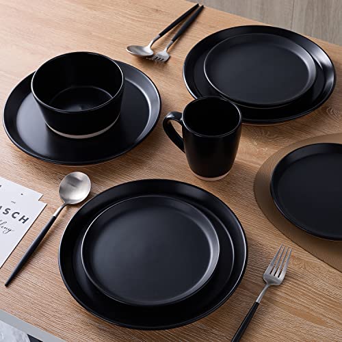 Stone Lain Jules Modern Stoneware 16-piece Round Black Dinnerware Set, Plates and Bowls Sets, Dish Set for 4, Black