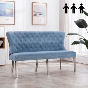 loulens 65'' upholstered velvet settee bench 3 seater, modern tufted banquette bench with back, accent loveseat sofa with stainless steel leg for dining, living room (blue)