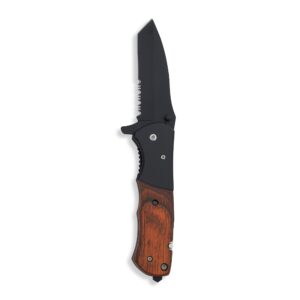 makerflo beast wooden pocket knife with a tactical spring-assisted steel blade, assisted rosewood handle, and razor sharp serrated blade with a belt clip on the backside - pack of 1