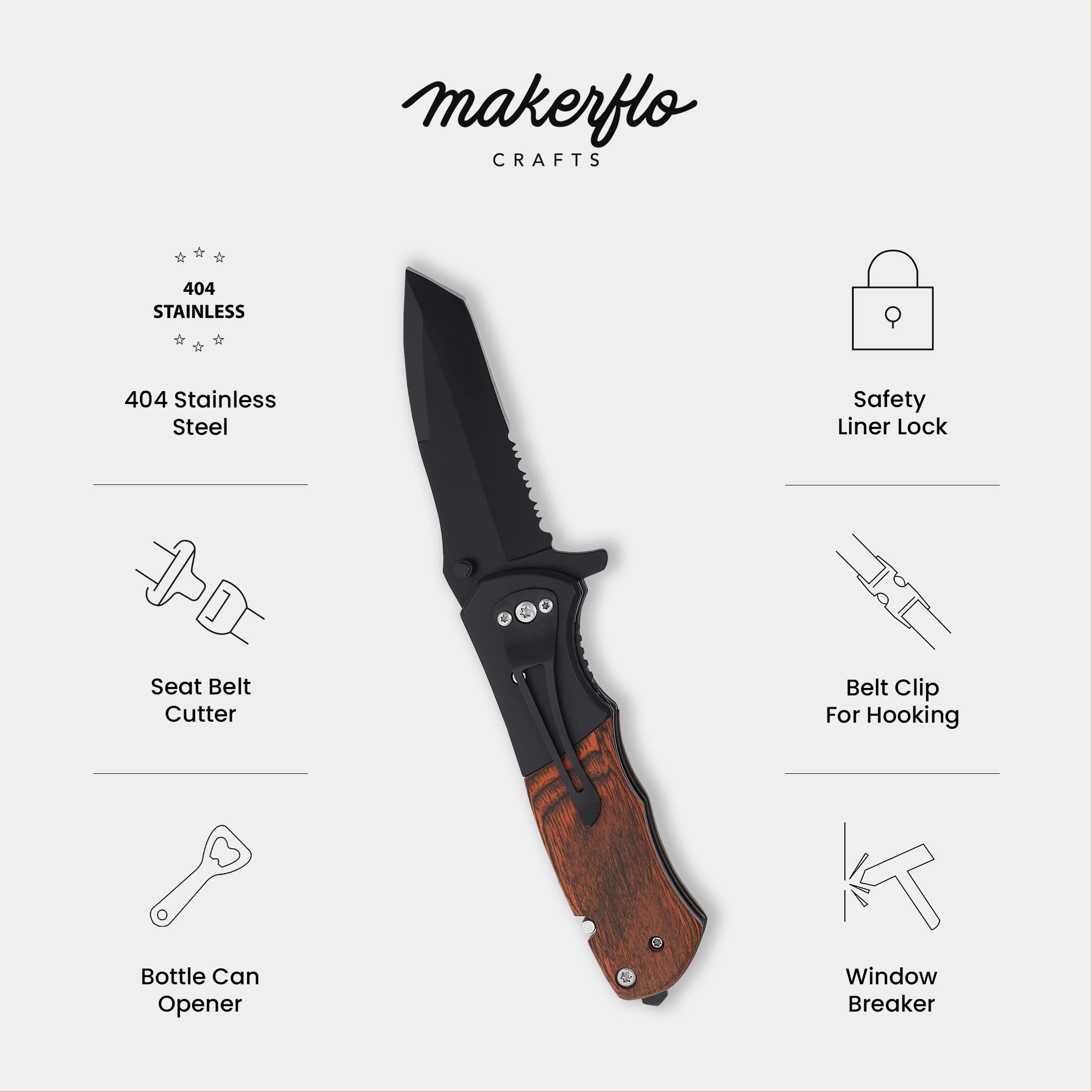 makerflo Beast Wooden Pocket Knife with a Tactical Spring-Assisted Steel Blade, Assisted Rosewood Handle, and Razor Sharp Serrated Blade with a Belt Clip on the Backside - Pack of 1