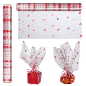 wider cellophane wrap roll red hearts design(100 feet x 17.5 in) 2.3 mil thick crystal clear with special red hearts cellophane bags large for flower wrapping, gift basket wrap hearts design cellophane for mother’s day gift wrapping