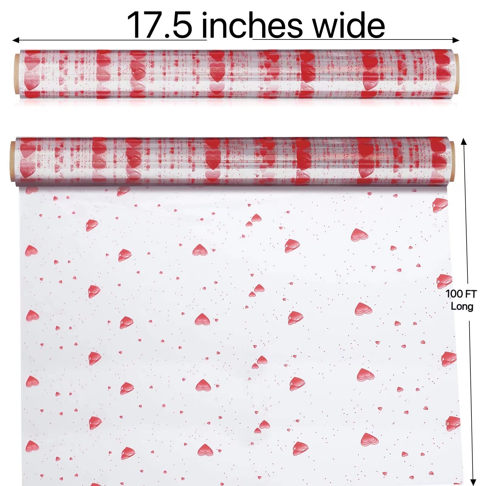 Wider Cellophane Wrap Roll Red Hearts Design(100 feet x 17.5 in) 2.3 Mil Thick Crystal Clear with Special Red Hearts Cellophane Bags large For Flower Wrapping, Gift Basket Wrap Hearts Design Cellophane for Mother’s Day Gift Wrapping