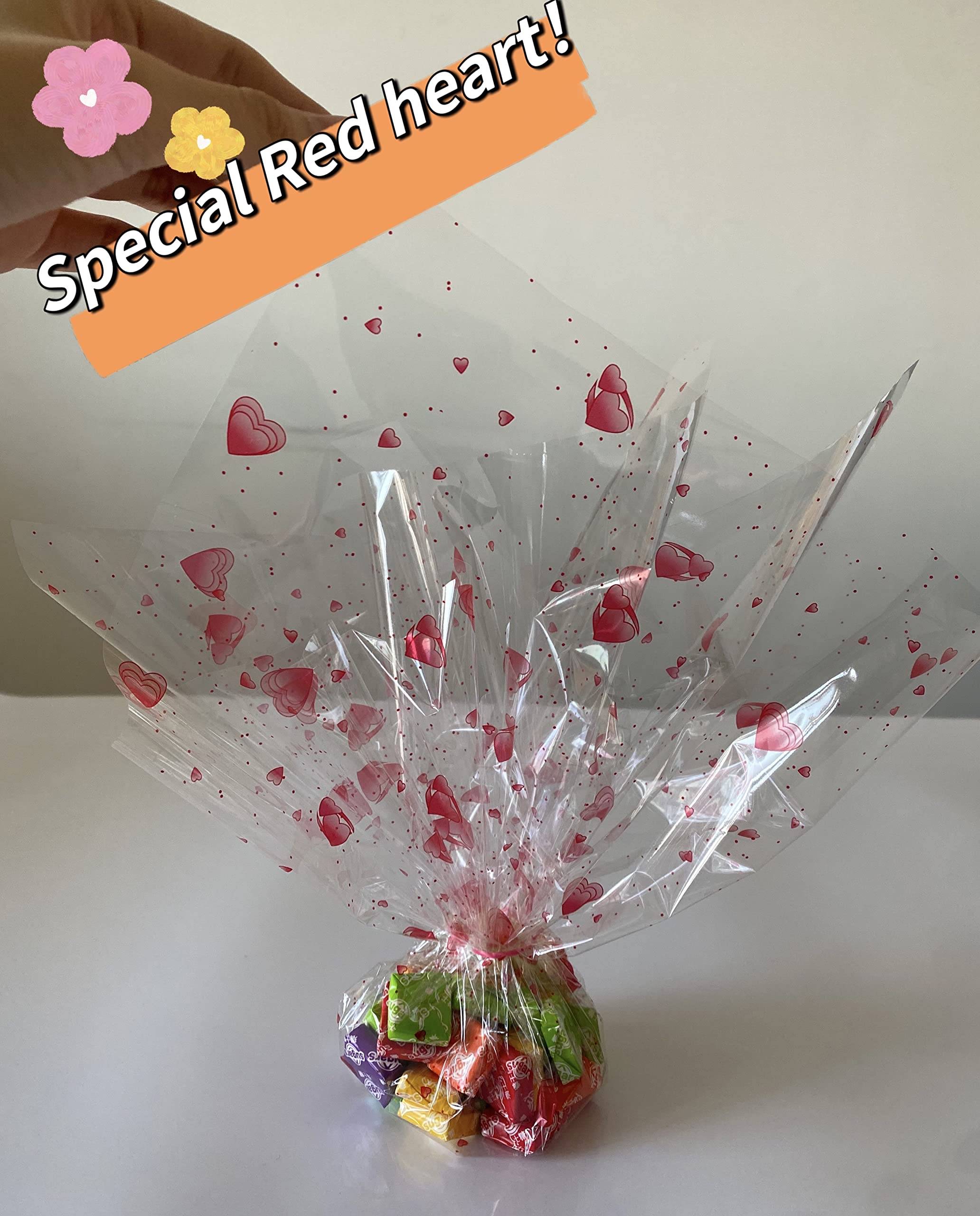 Wider Cellophane Wrap Roll Red Hearts Design(100 feet x 17.5 in) 2.3 Mil Thick Crystal Clear with Special Red Hearts Cellophane Bags large For Flower Wrapping, Gift Basket Wrap Hearts Design Cellophane for Mother’s Day Gift Wrapping