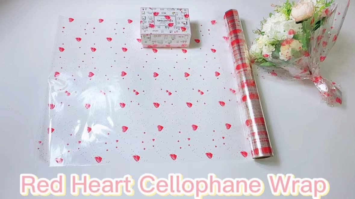 Wider Cellophane Wrap Roll Red Hearts Design(100 feet x 17.5 in) 2.3 Mil Thick Crystal Clear with Special Red Hearts Cellophane Bags large For Flower Wrapping, Gift Basket Wrap Hearts Design Cellophane for Mother’s Day Gift Wrapping