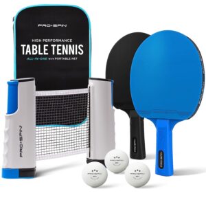 pro spin all-in-one portable ping pong paddle set | ultra-comfort paddles | table tennis set | retractable ping pong net (up to 72" wide) | 3-star balls | storage case | game table | gift