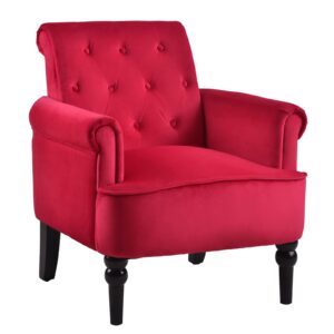 accent chair with roll arm, upholstered modern reading sofa chair with wood legs and wingback, button tufted club velvet vanity armchairs for living room, bedroom, lounge room (red)