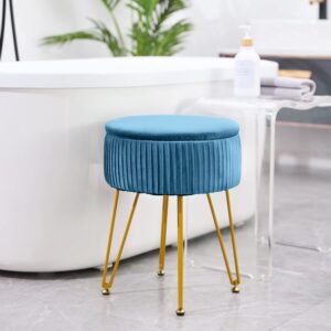 Urban Deco Velvet Storage Ottoman Foot Rest Makeup Footstool Velvet Footrest Chair with 4 Metal Legs Storage Stool and Ottomans for Living Room and Bedroom-Blue