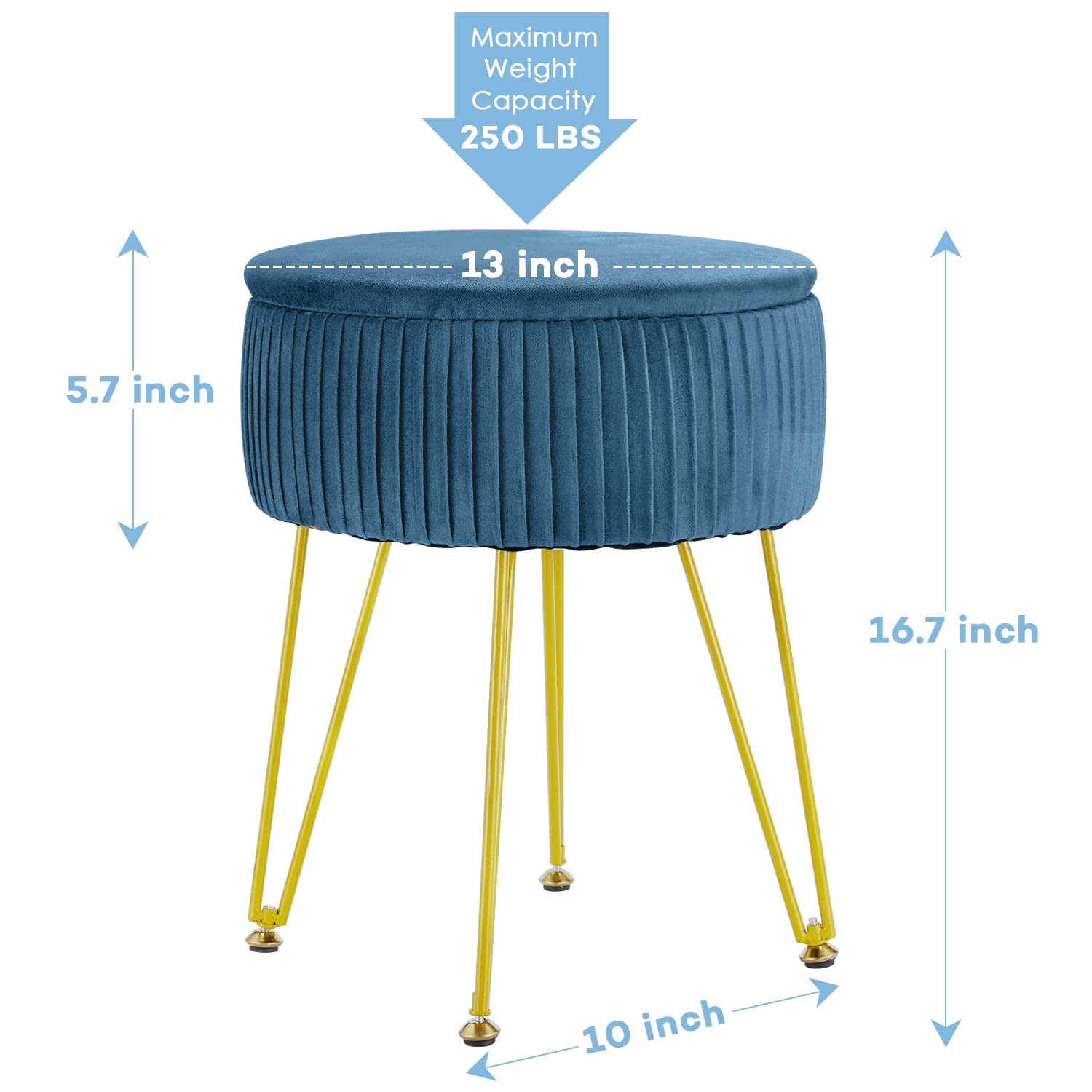 Urban Deco Velvet Storage Ottoman Foot Rest Makeup Footstool Velvet Footrest Chair with 4 Metal Legs Storage Stool and Ottomans for Living Room and Bedroom-Blue