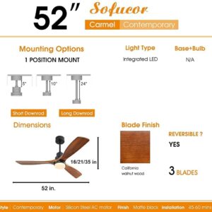 Sofucor 52" Ceiling Fan with Lights Remote Control, 3 Poles for Indoor Outdoor Ceiling Fan with Remote, Reversible Noiseless ETL Motor, 3 Walnut Wooden Blades