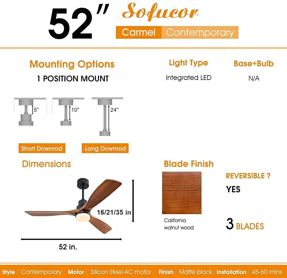 Sofucor 52" Ceiling Fan with Lights Remote Control, 3 Poles for Indoor Outdoor Ceiling Fan with Remote, Reversible Noiseless ETL Motor, 3 Walnut Wooden Blades