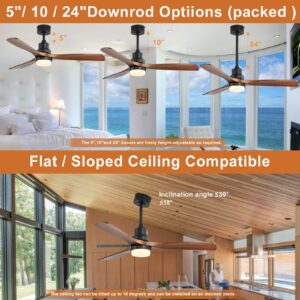 Sofucor 52" Ceiling Fan with Lights Remote Control, 3 Poles for Indoor Outdoor Ceiling Fan with Remote, Reversible Noiseless ETL Motor, 3 Walnut Wooden Blades