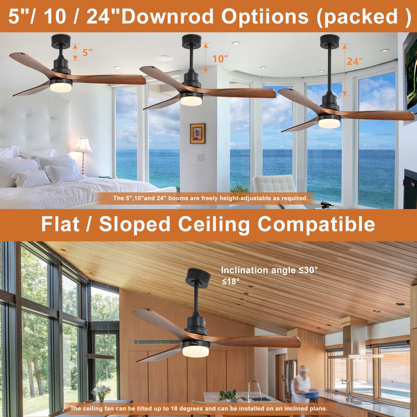 Sofucor 52" Ceiling Fan with Lights Remote Control, 3 Poles for Indoor Outdoor Ceiling Fan with Remote, Reversible Noiseless ETL Motor, 3 Walnut Wooden Blades