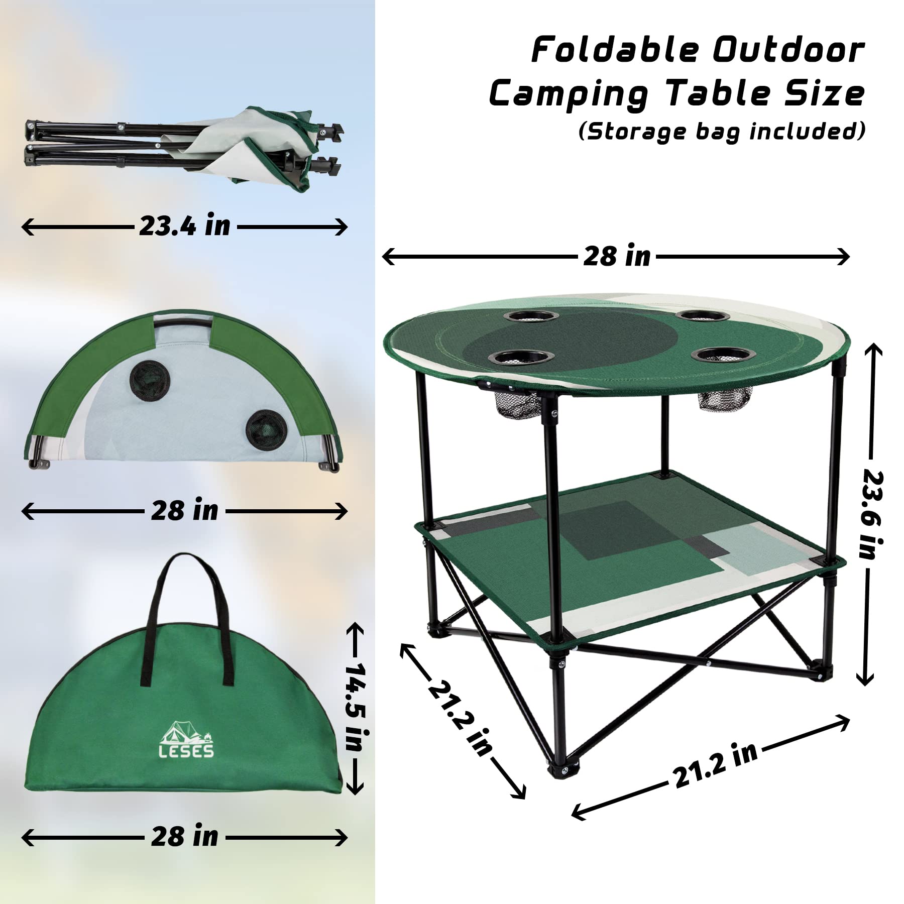 LESES Portable Beach Table, Folding Picnic Table with Carry Bag for Outdoors Fold Up Lightweight Camping Table with 4 Cup Holder, Travel Camping Tables for Party, Hiking, Fishing, Tailgating