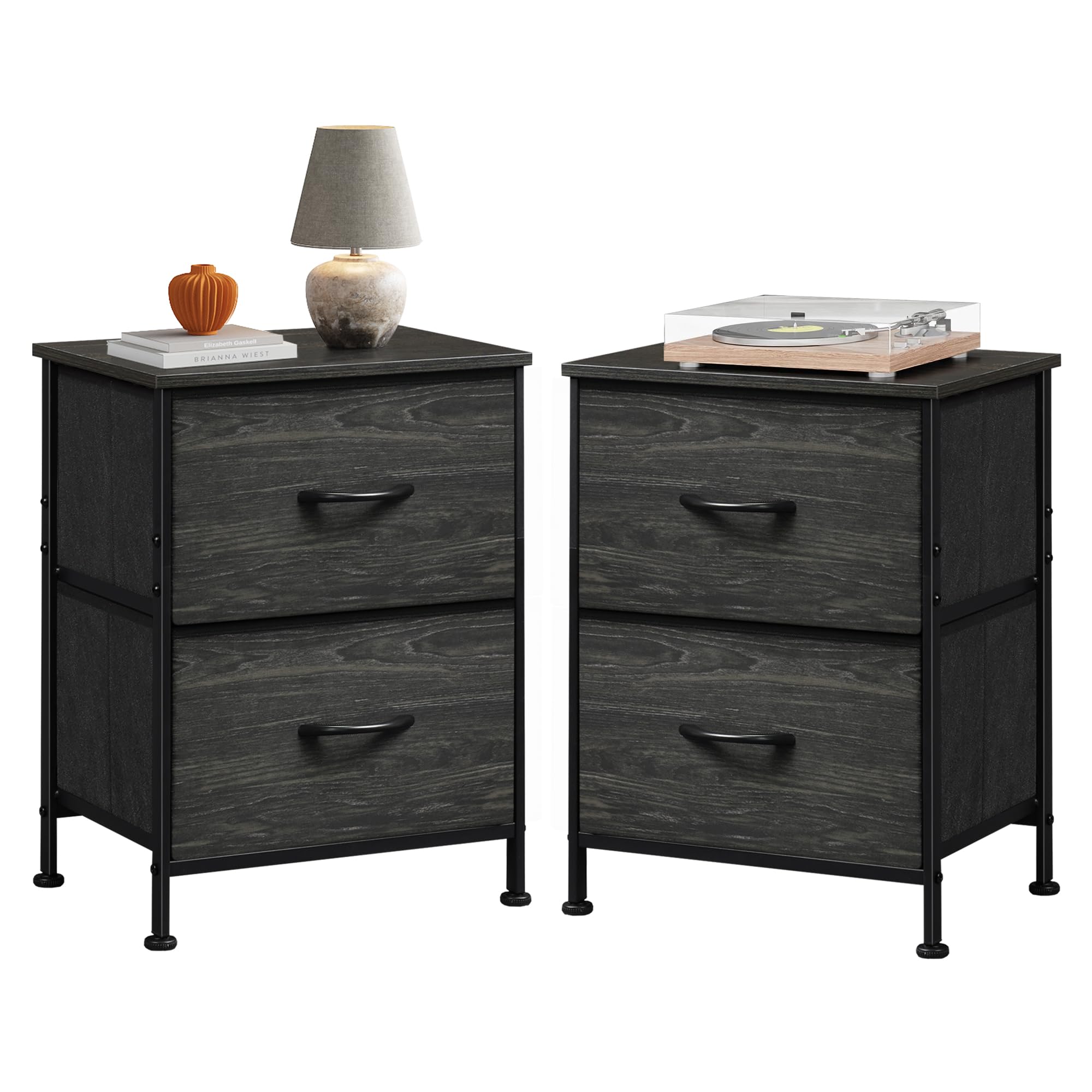 WLIVE Night Stand set 2, Nightstand with 2 Fabric Drawers, Small Dresser for Bedroom, Bedside Table for Small Spaces, Dorm, Charcoal Black Wood Grain Print