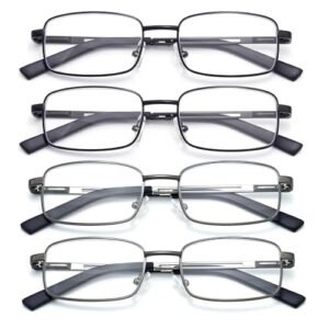 HIGHLIKE 4-Pack Reading Glasses Men, Metal Stainless Flex Readers with Soft Cases, Clear Lens Blue Light Glasses, 2 Black 2 Gunmetal 1.75 x