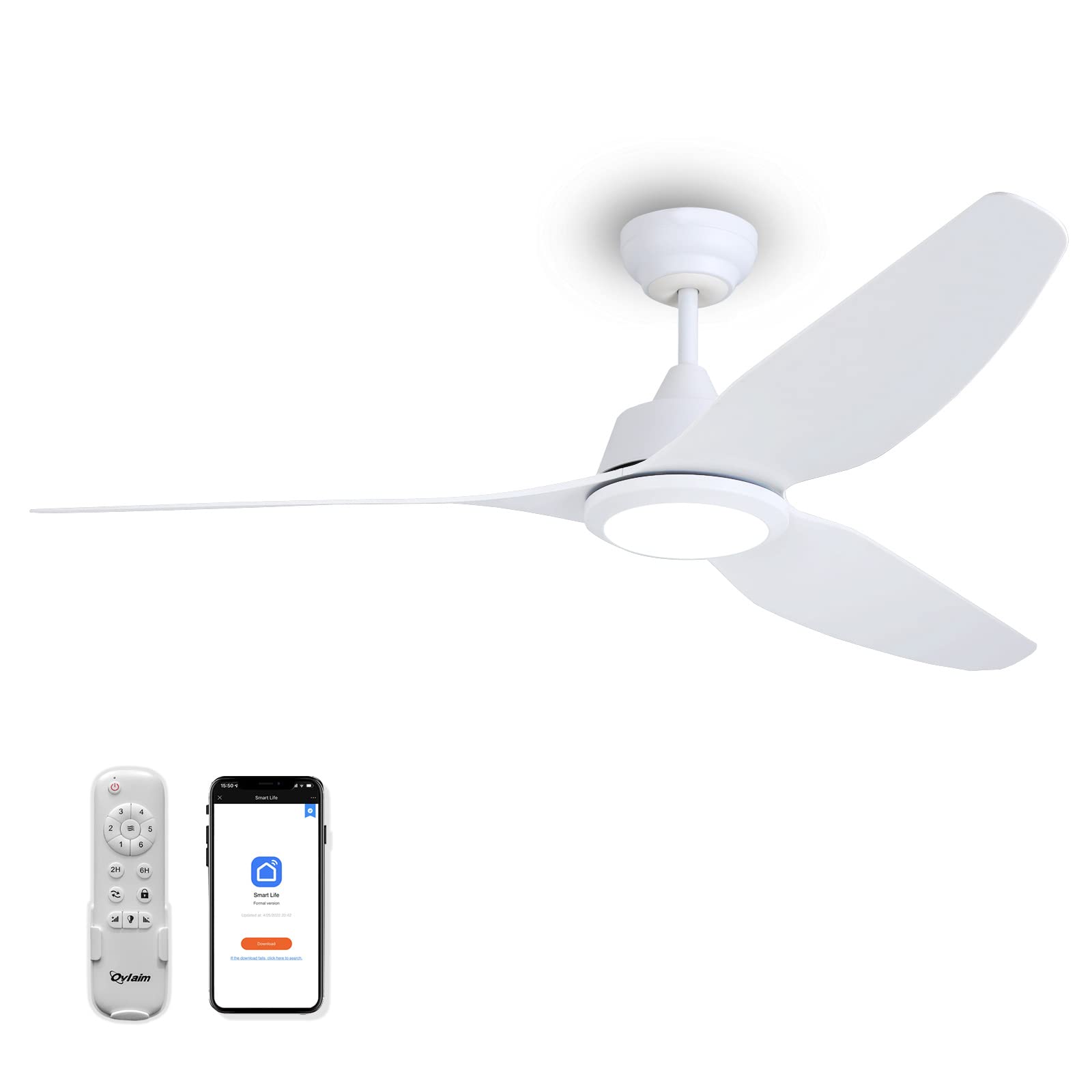 Ovlaim 56 Inch Smart Ceiling Fans with Lights and Remote, 3 Blade Indoor Outdoor Modern White Ceiling Fan for Bedroom Living Room Patio, High CFM Quiet DC Motor