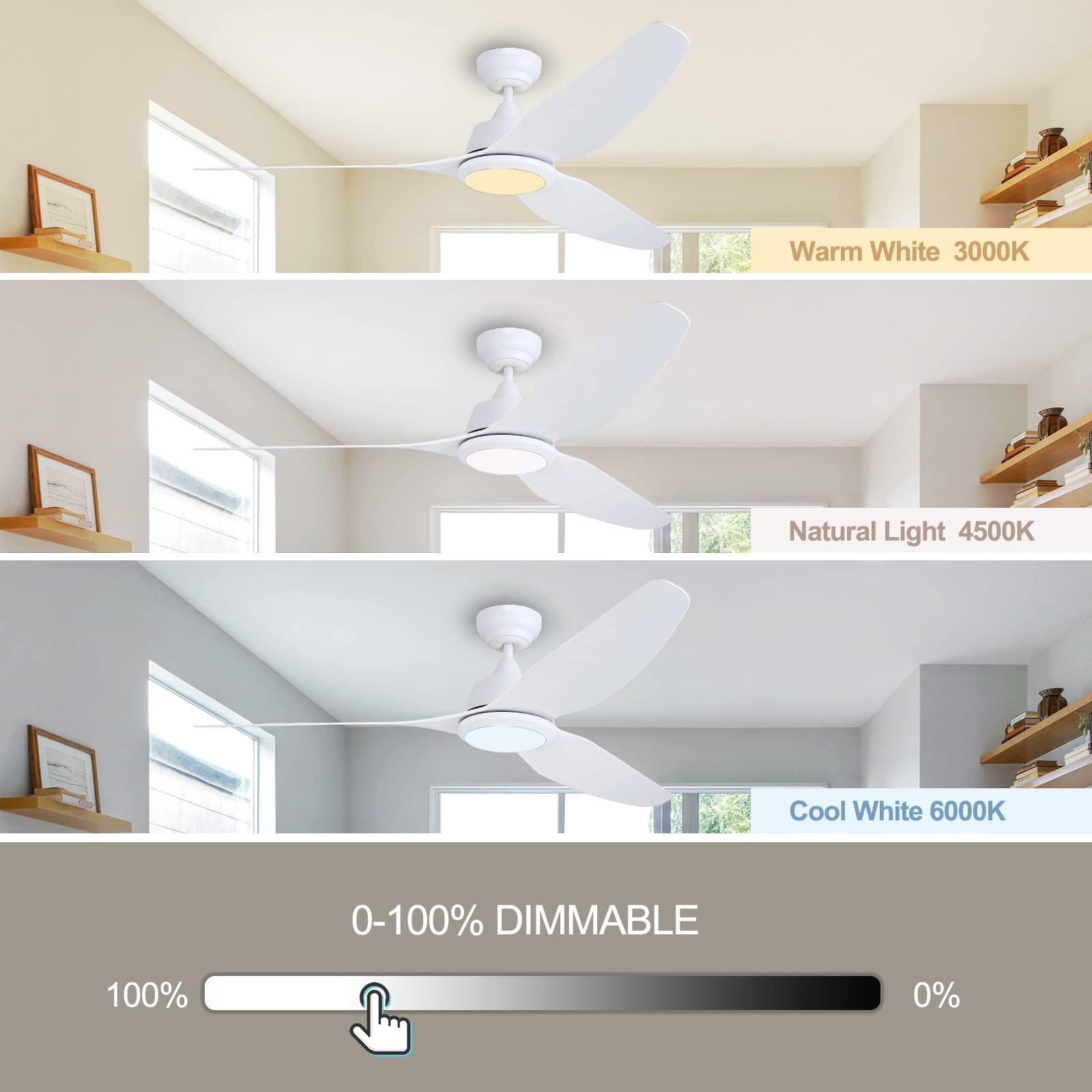 Ovlaim 56 Inch Smart Ceiling Fans with Lights and Remote, 3 Blade Indoor Outdoor Modern White Ceiling Fan for Bedroom Living Room Patio, High CFM Quiet DC Motor